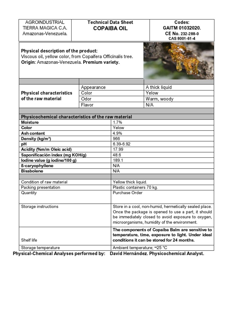 Technical Data Sheet Copaiba Oil | PDF | Chemistry | Materials