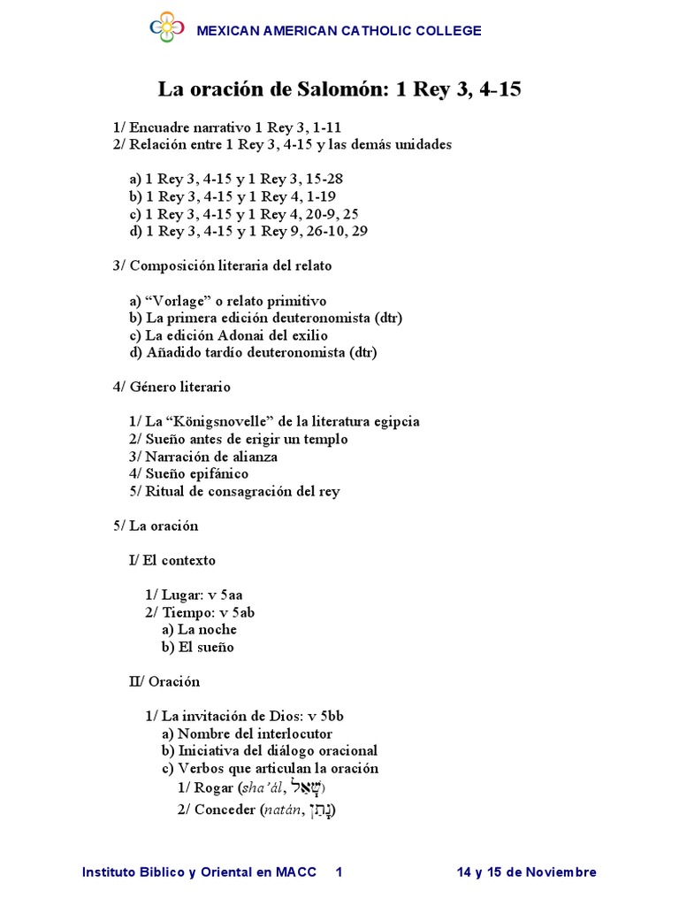 La Oración de Salomón - 1 Rey 3, 4-15 | PDF | Solomons | Contenido bíblico