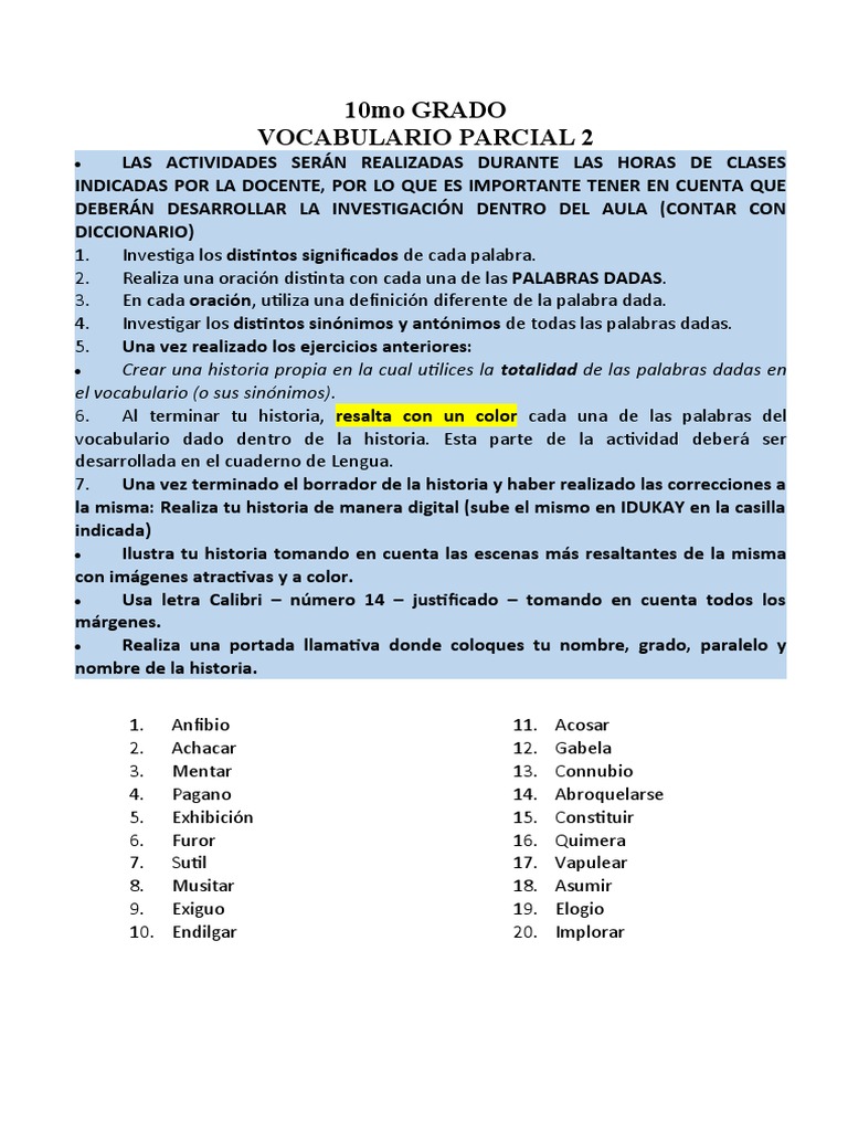 10mo Grado Vocabulario Parcial 2 (1) | PDF