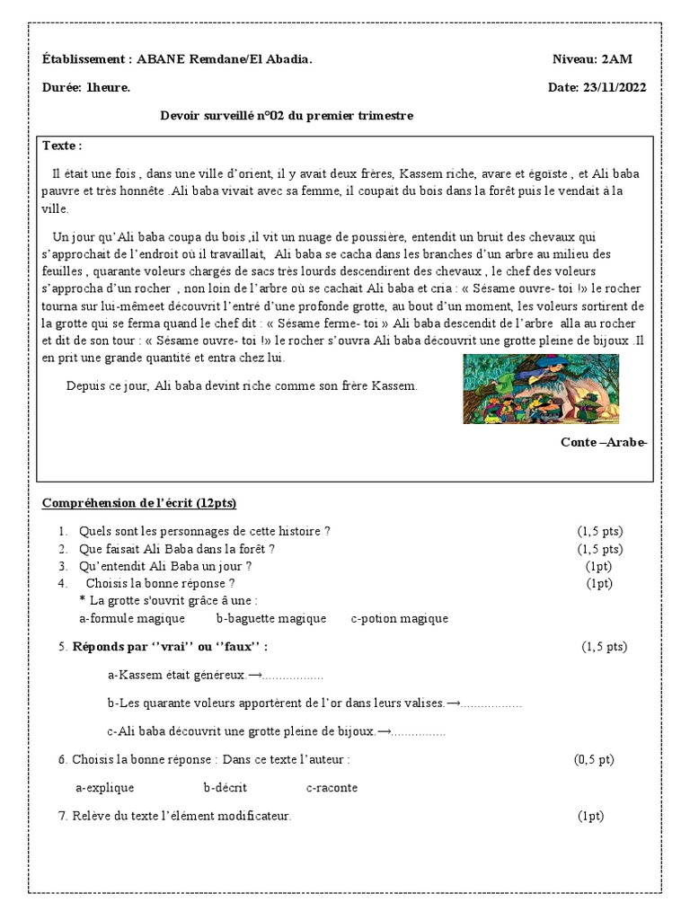 Devoir sur Ali Baba et les 40 voleurs | PDF