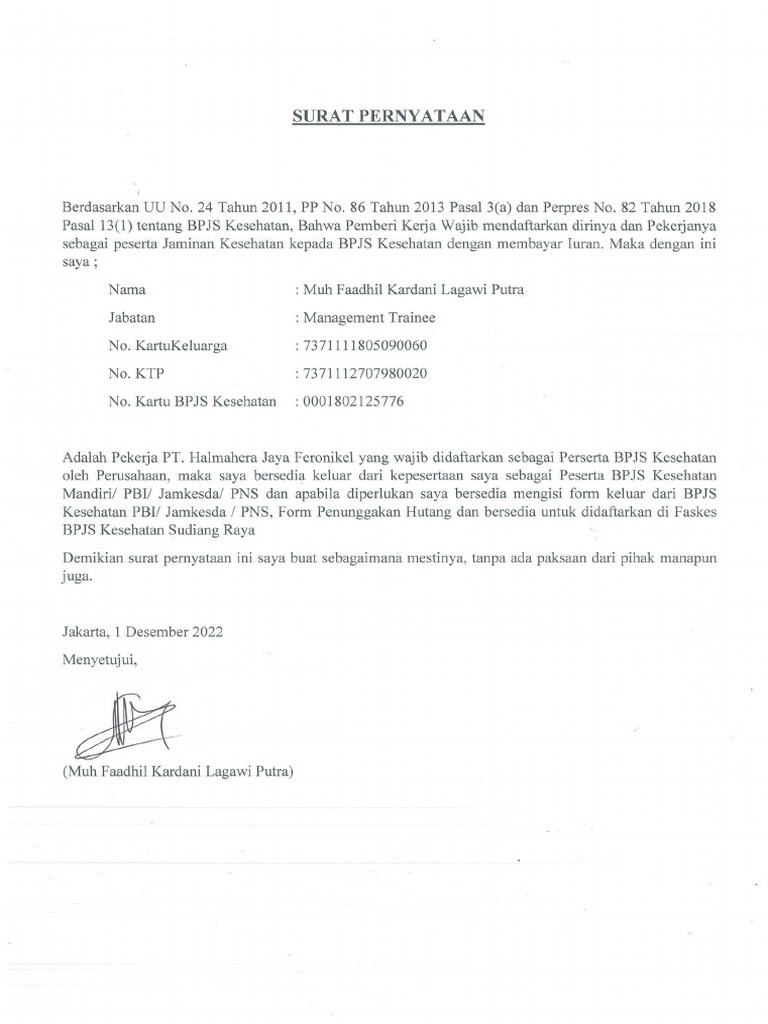 Surat Pernyataan Wajib Terdaftar BPJS Kesehatan Di Perusahaan | PDF