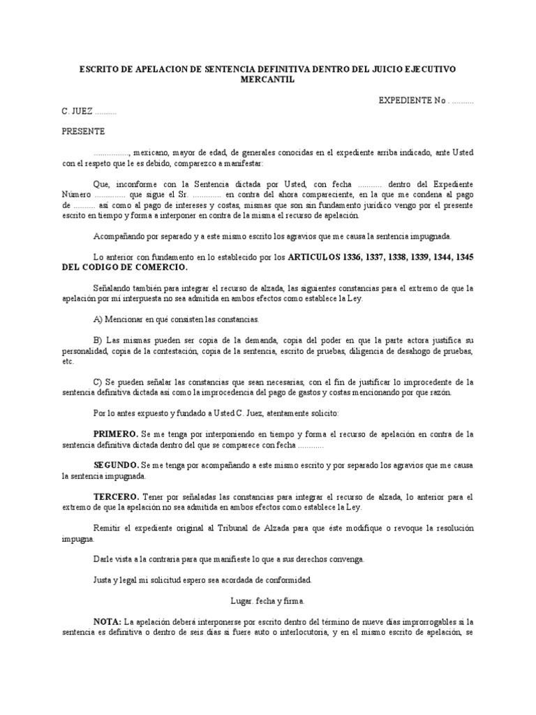 Escrito de Apelación de Sentencia Definitiva en Juicio Ejecutivo Mercantil | PDF | Apelación ...