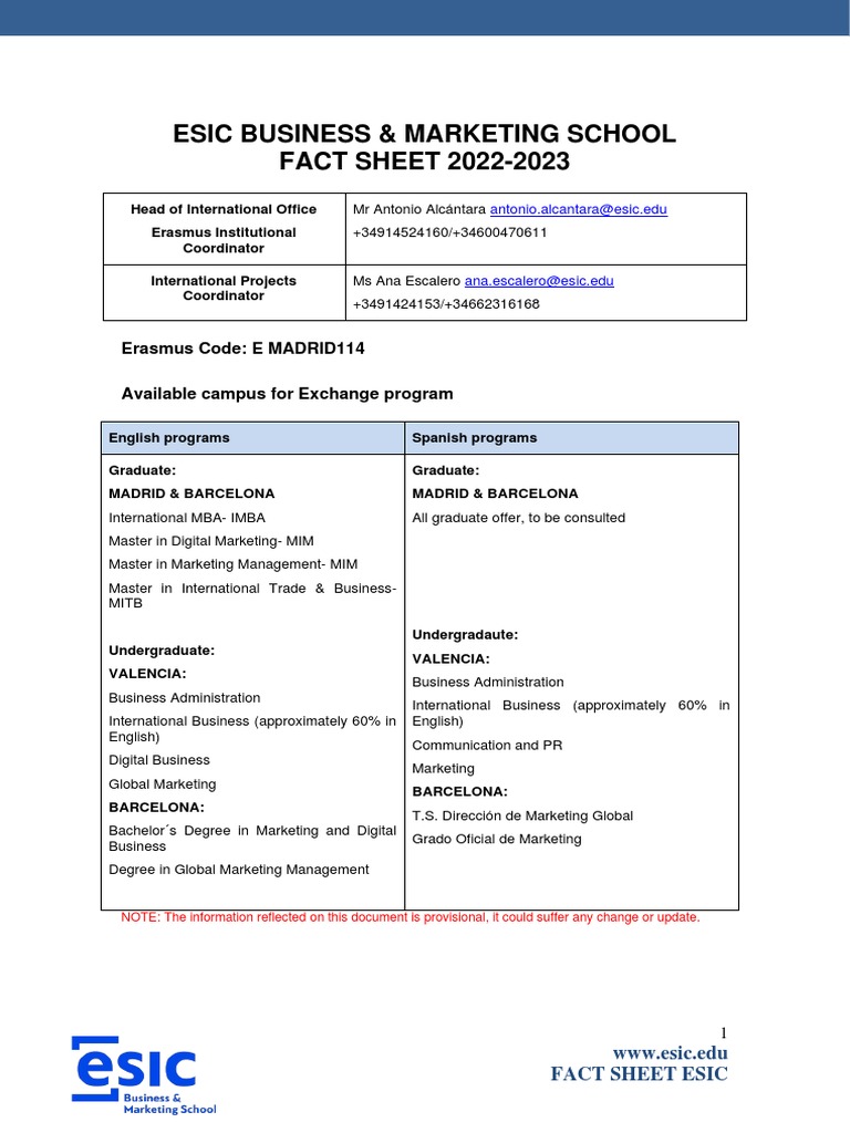 22-23 Esic Business & Marketing School Fact Sheet International Office ...