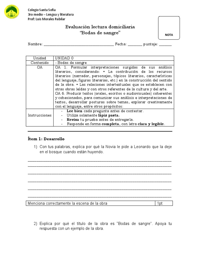 Prueba Bodas de Sangre | PDF