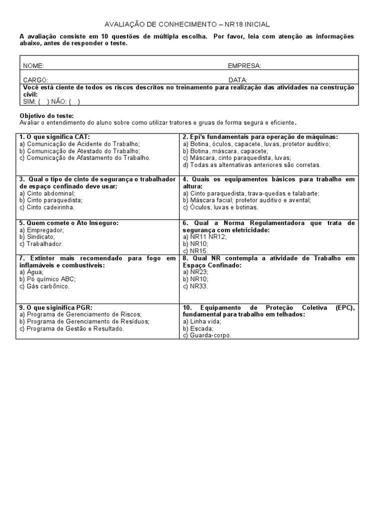 Prova NR18 Admissional | PDF