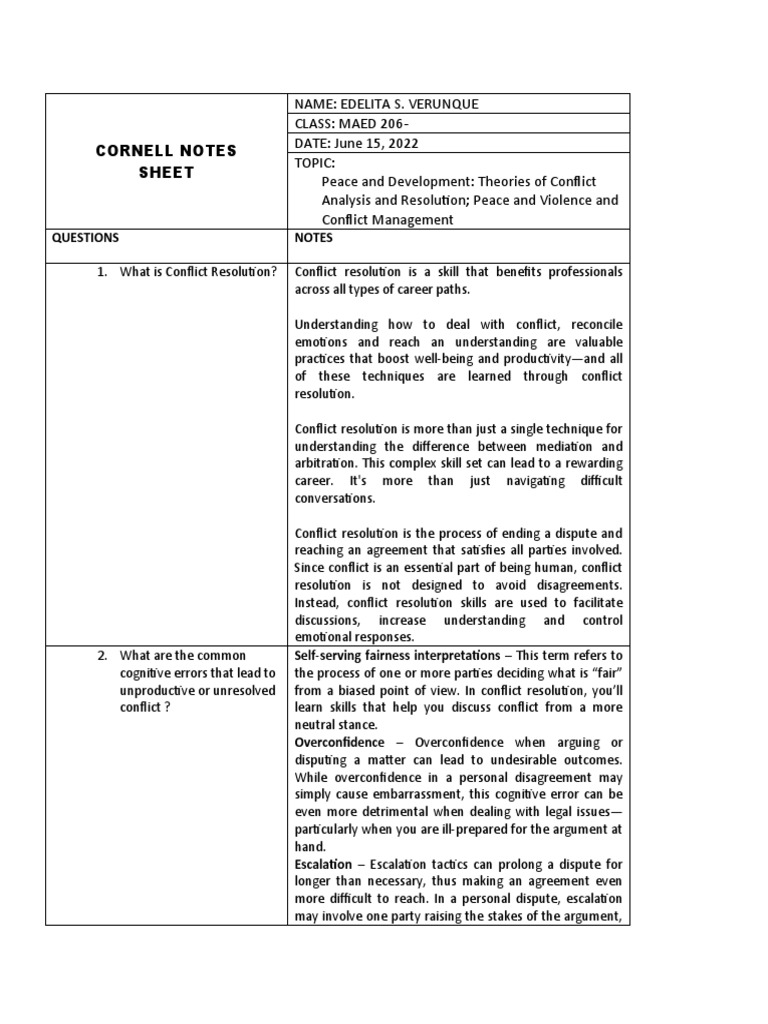 Cornell Notes No. 2 | PDF | Conflict Resolution | Psychology