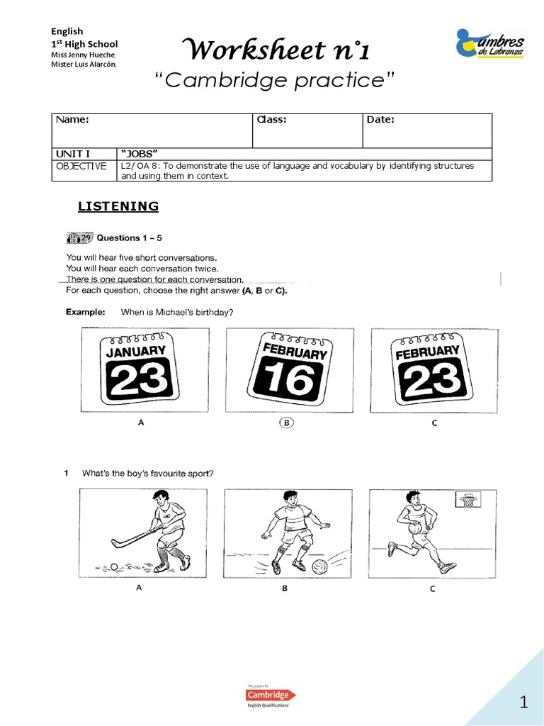 1° Medio - Worksheet 1 - Cambridge Practice | PDF | Foreign Language ...