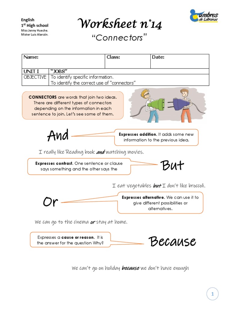 1° Medio - Worksheet 14 - Connectors | PDF | Sentence (Linguistics)