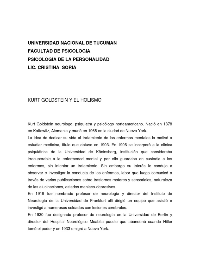 Kurt Goldstein y El Holismo | PDF | Holismo | Conocimiento