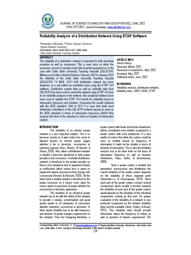 ETAP-Based Reliability Analysis of DELSUTH Distribution Network | PDF ...
