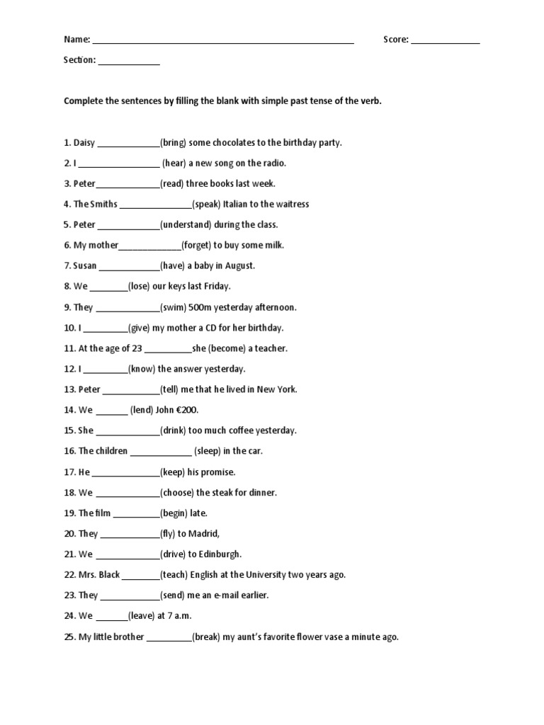 simple past tense (IRREGULAR VERBS) worksheet | PDF