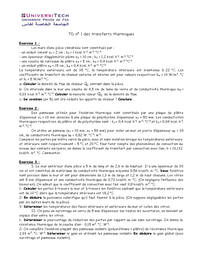 Transferts thermiques : exercices pratiques | PDF | Sciences physiques ...
