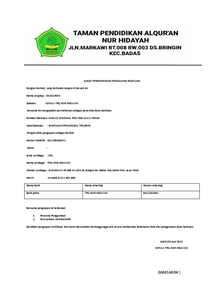 surat pengajuan BOP | PDF