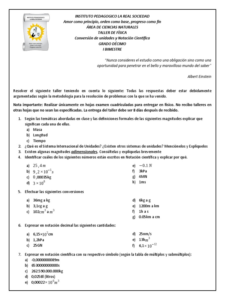 1 - Taller Fisica Decimo | PDF | Ciencias fisicas | Matemáticas