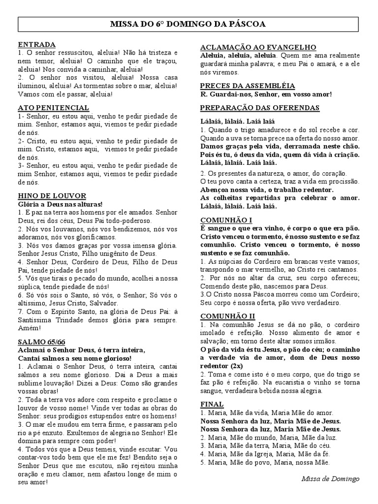 Folheto Missa 6° Domingo Da Páscoa 14.05.23 | PDF | Eucaristia | Maria ... Folheto Missa 6° Domingo Da Páscoa 14.05.23 | PDF | Eucaristia | Maria ...