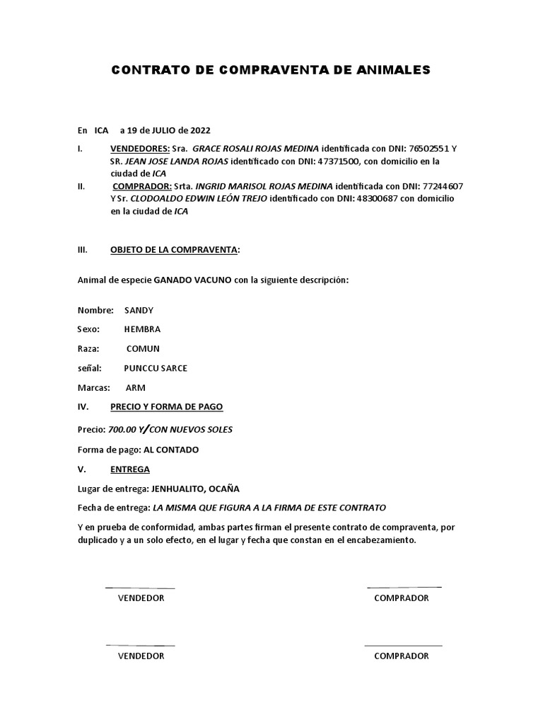 Contrato de Compraventa de Animales | PDF
