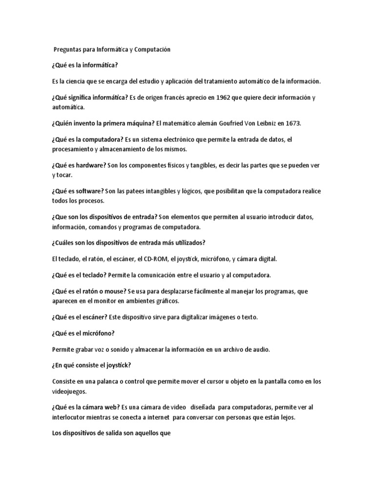 Preguntas para Informática y Computación | PDF | Periférico | Hardware de la computadora