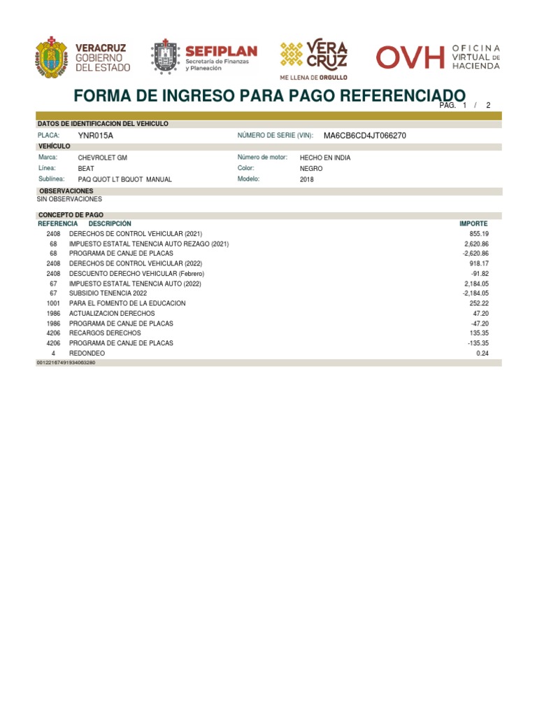 Forma de Ingreso para Pago Referenciado: YNR015A MA6CB6CD4JT066270 | PDF