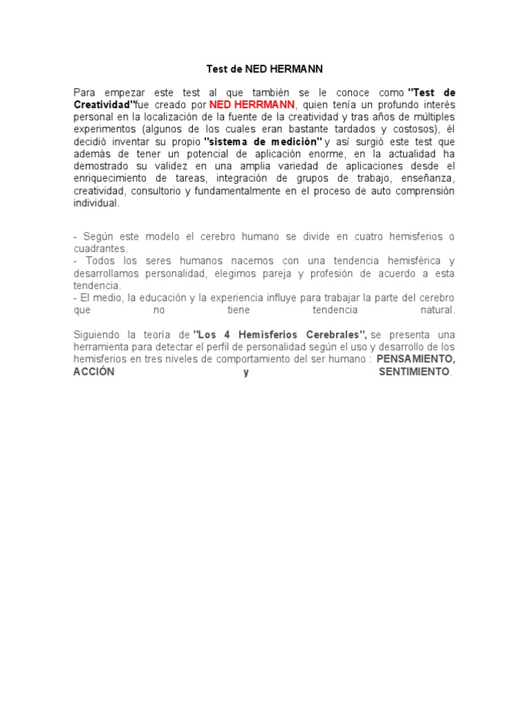 Test de Creatividad de Ned Hermann | PDF | Creatividad | Pensamiento