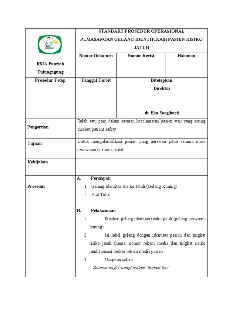 SOP PEMASANGAN GELANG IDENTIFIKASI PASIEN RISIKO JATUH | PDF