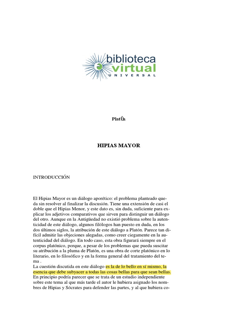 Análisis del Hipias Mayor de Platón | PDF | Platón | Sócrates