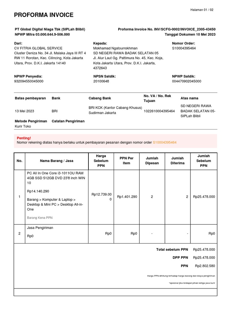Proforma Invoice S10004395464 | PDF