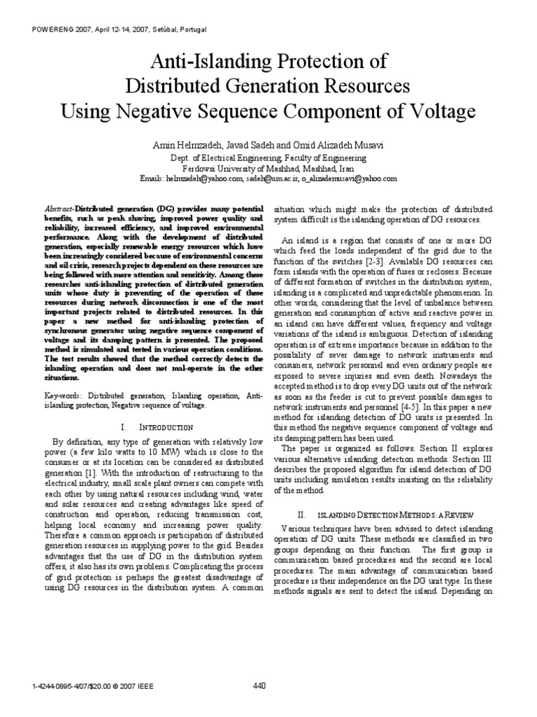Anti-Islanding Protection of Distributed Generation Resources Using Negative Sequence Component ...