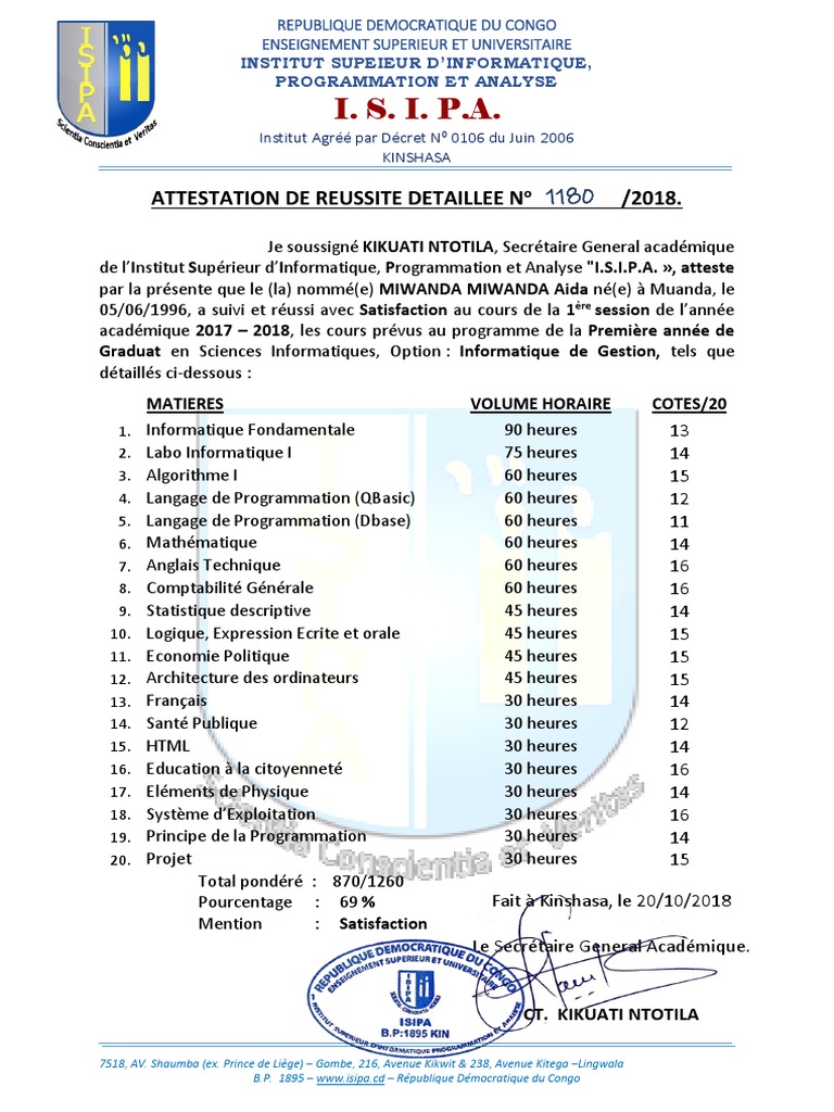 Attestation de réussite ISIPA 2018 | PDF | Informatique | Informatique