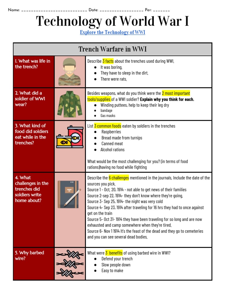 WWI Technology and Soldier Life Worksheet | PDF | World War I ...