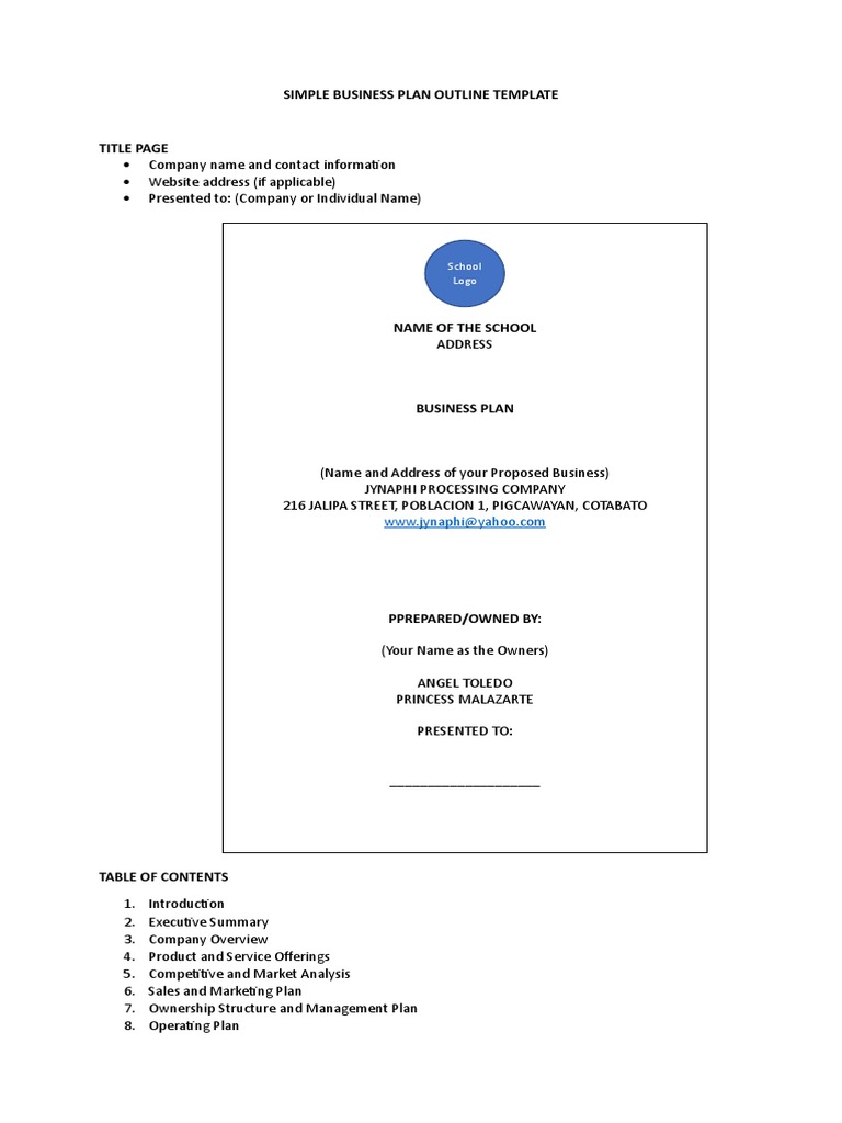 Simple Business Plan Outline Template | PDF | Marketing | Sales