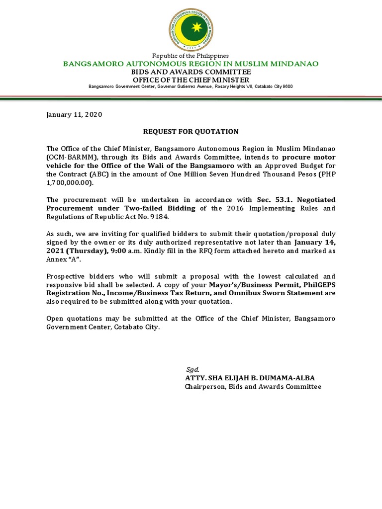 RFQ-OCM-012021-0024 - Procurement of Motor Vehicles For The Office of The Wali of The Bangsamoro ...