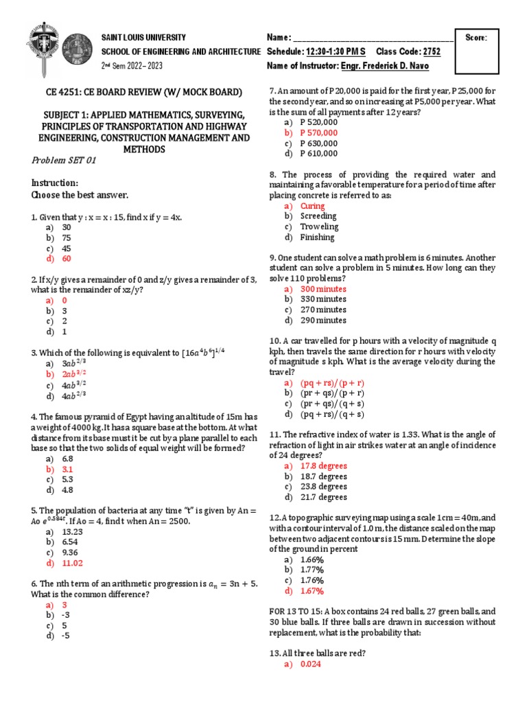 Problem Set 1 Subject 1 Mste Key Answer Pdf Area Triangle