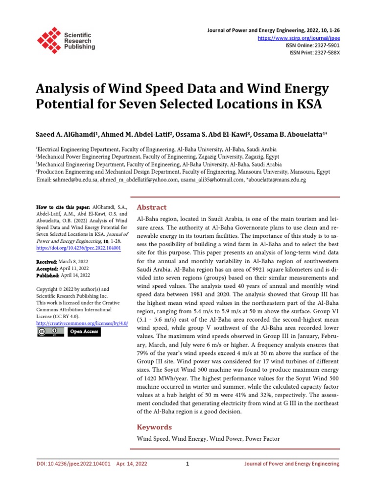 Analysis of Wind Speed Data and Wind Energy in KSA | PDF | Wind Power ...