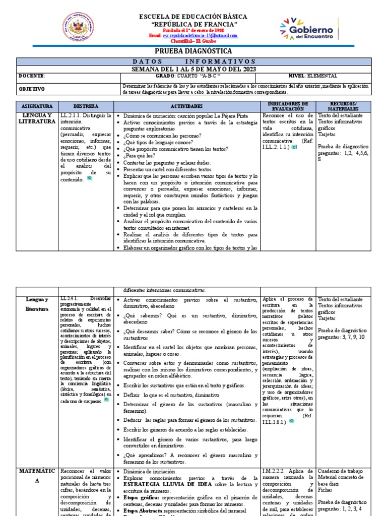 Plan de Diagnóstico Cuarto Grado | PDF | Plantas | Escritura