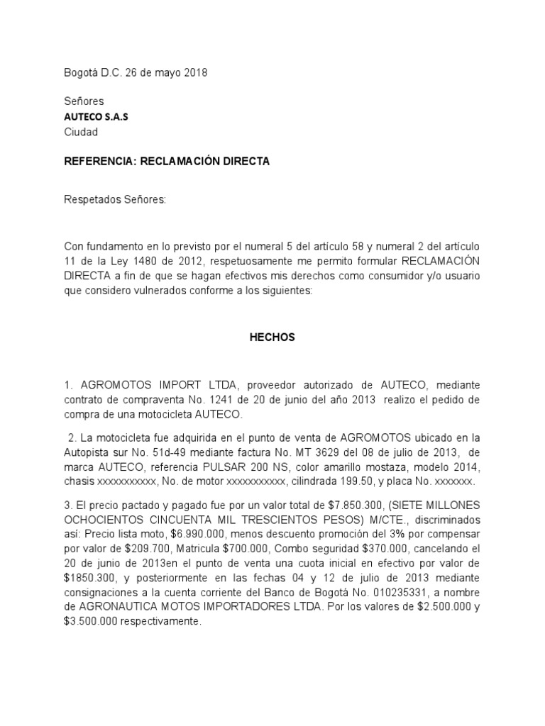 Reclamacion Directa - Docx Ley 1480 de 2011 | PDF