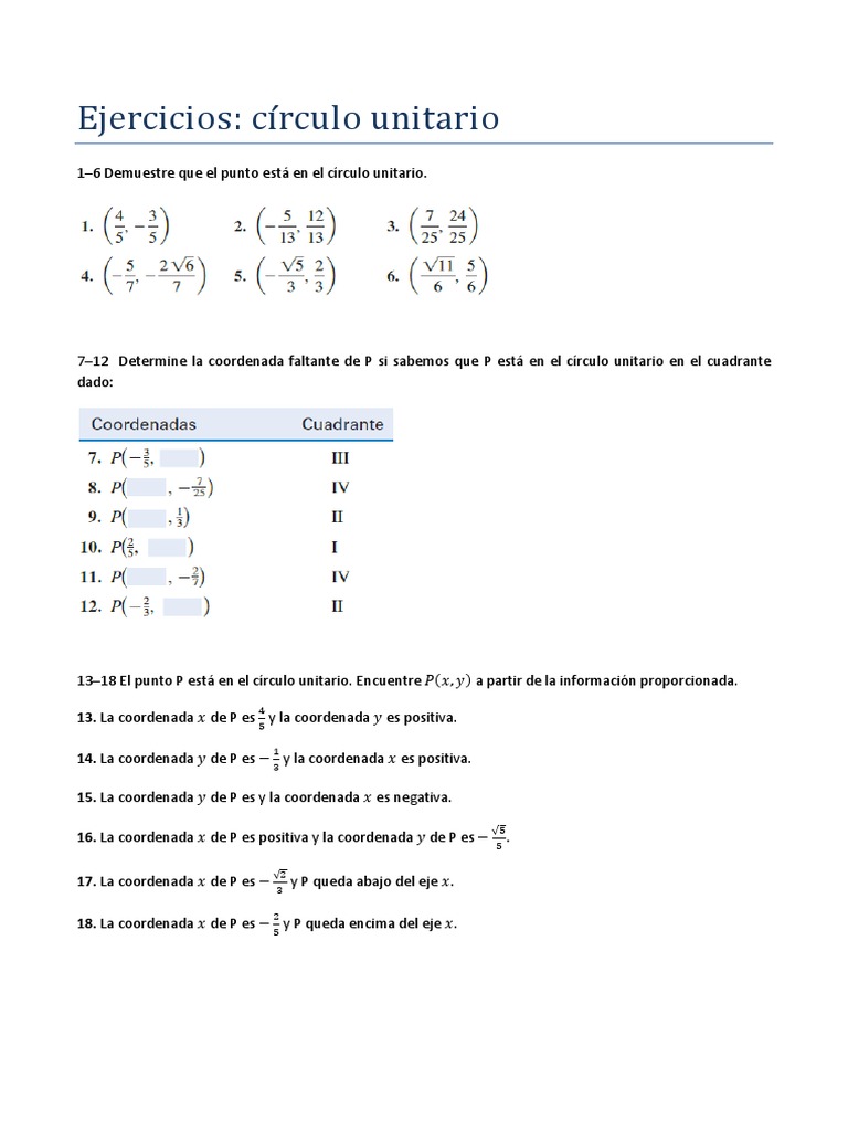 Ejercicios sobre el Círculo Unitario | PDF