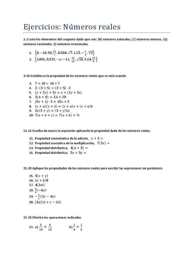 Hojas De Trabajo Del Sistema De Números Reales