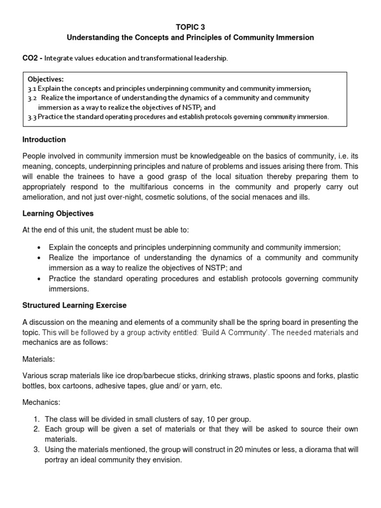 Topic 3 UNDERSTNADING THE CONCEPTS PRINCIPLES OF COMMUNITY IMMERSION ...