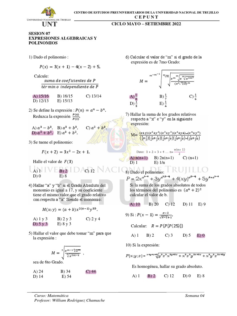 Expresiones Algebraicas - Polinomios | PDF | Matemáticas De La ...