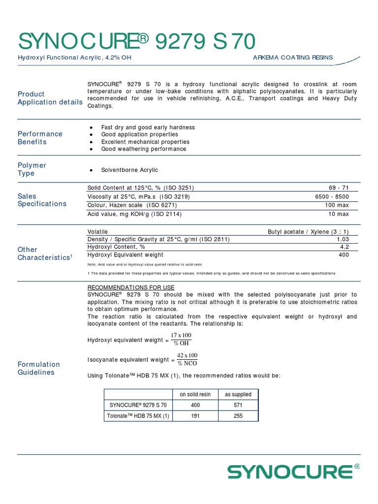 Synocure 9279 S 70 TDS | PDF | Medical Device | Chemistry