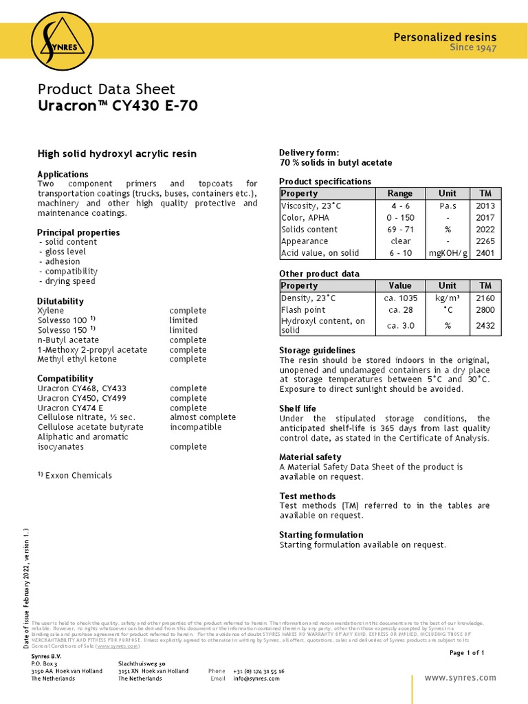 Uracron CY430 E-70 TDS | PDF | Acetate | Materials