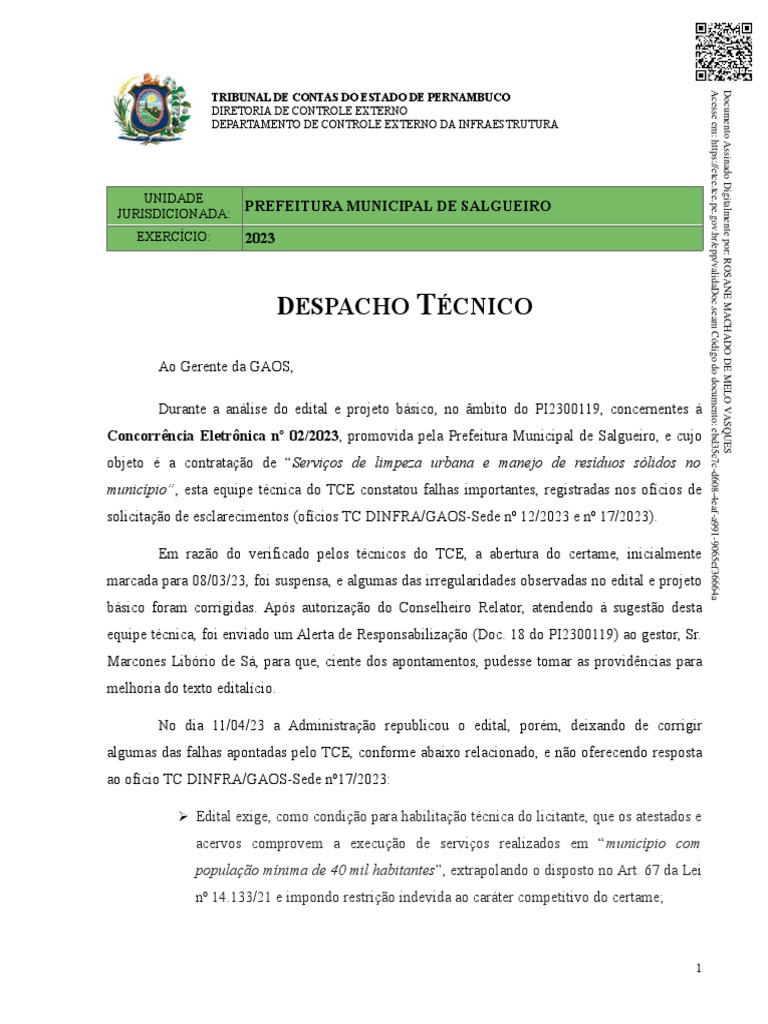 Despacho - Limpeza Urbana Salgueiro - Processo 23100228-2 | PDF