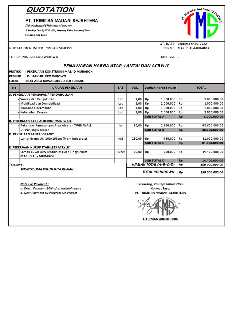 Penawaran Masjid Al Mubarok Ciater Subang | PDF