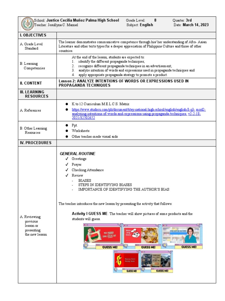 Propaganda Lesson Plan For Observation Exemplar Pdf Propaganda