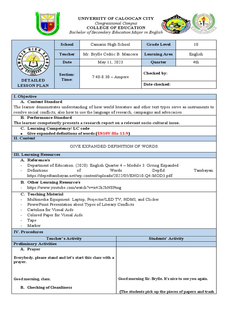 Detailed Lesson Plan Final Demonstration | PDF | Definition | Information