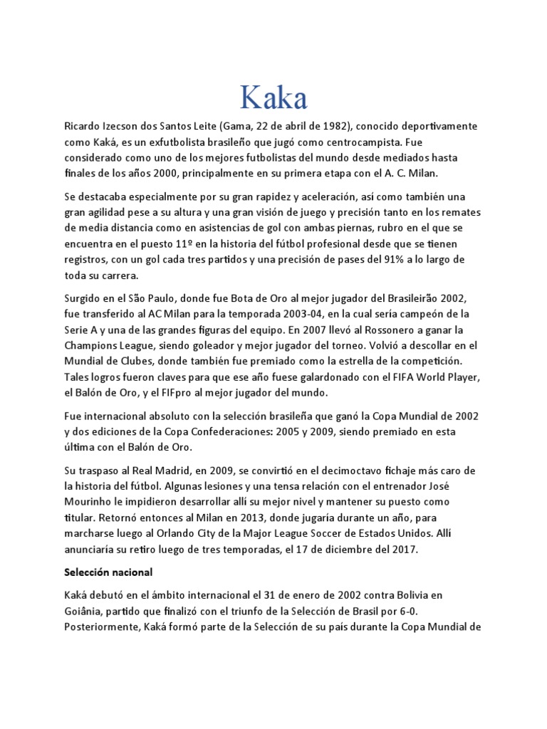 Kaká: Trayectoria y Logros en el Fútbol | PDF | Asociación de Futbol ...