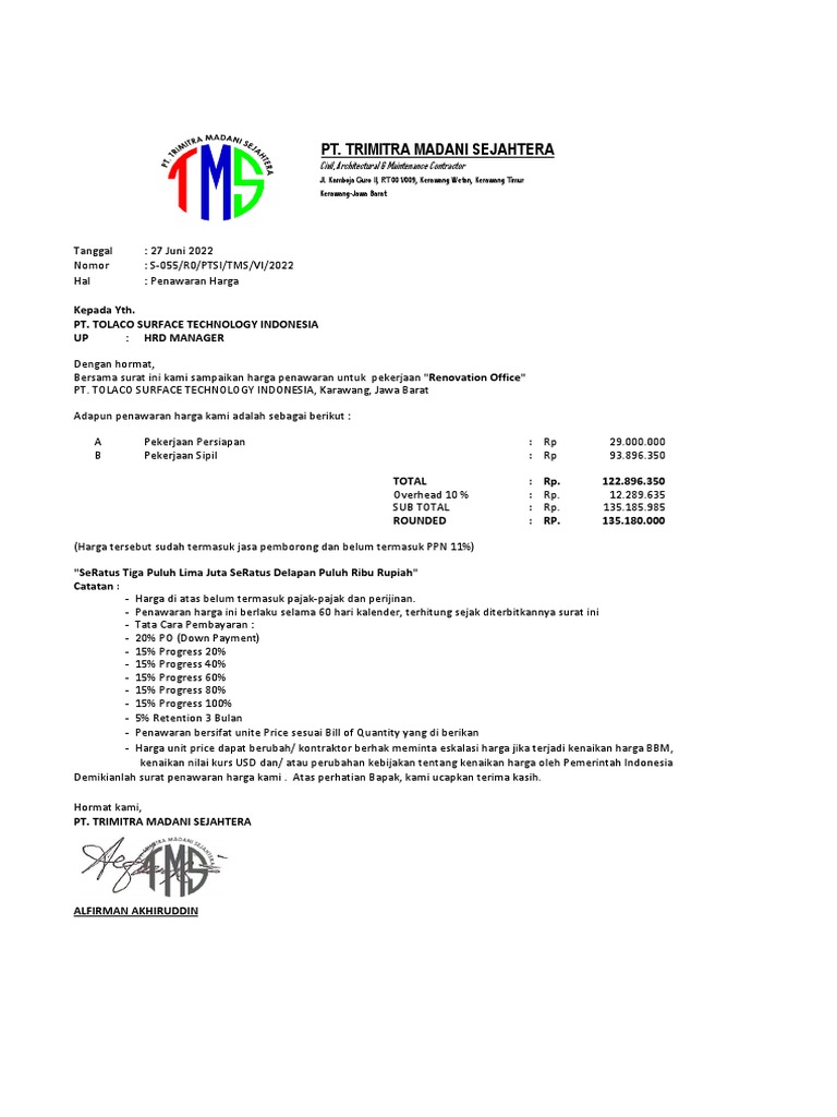Surat Penawaran Harga Project Renovation Office at PT Tolaco Surface ...
