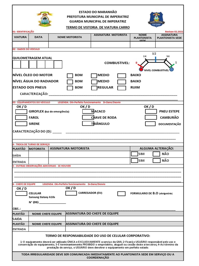 FICHA DE VISTORIA VTR - CARRO Rev.02.2021 | PDF | Veículo motorizado ...