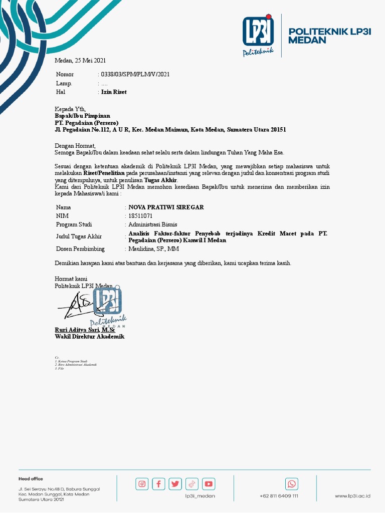 Surat Izin Riset - Penelitian - NOVA PRATIWI SIREGAR | PDF