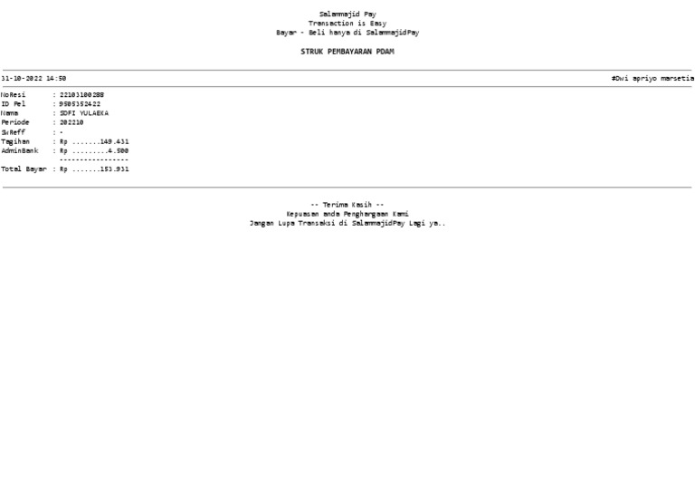 Print Struk PDAM - Cust Sofi Y | PDF